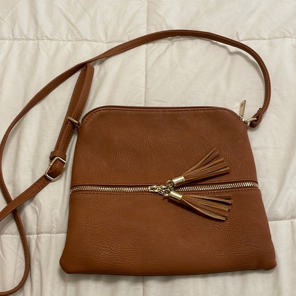 Bags | Brown Faux Leather Small Crossbody Purse Two Pockets On Inside ...